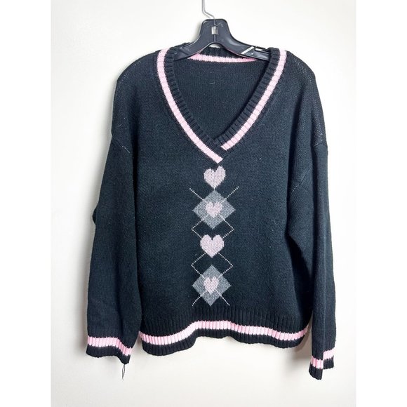 Sweaters | Goth Alternative Oversized V Neck Black And Pink Heart ...